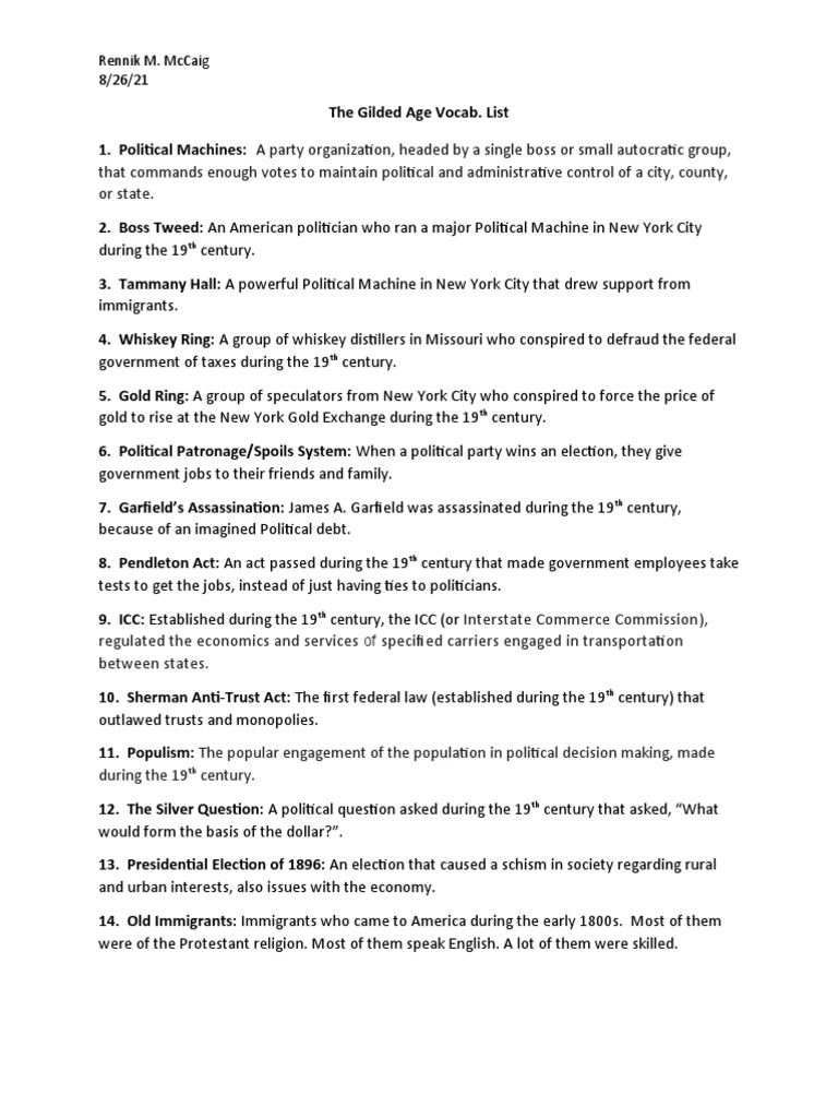 The Gilded Age Vocab - Fall 2021 | PDF | Immigration | Interstate ...