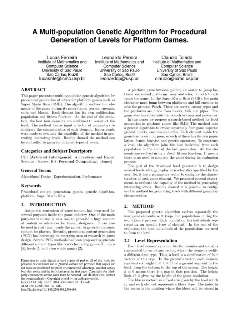 A Multi-Population Genetic Algorithm For Procedural Generation of Levels For Platform Games ...