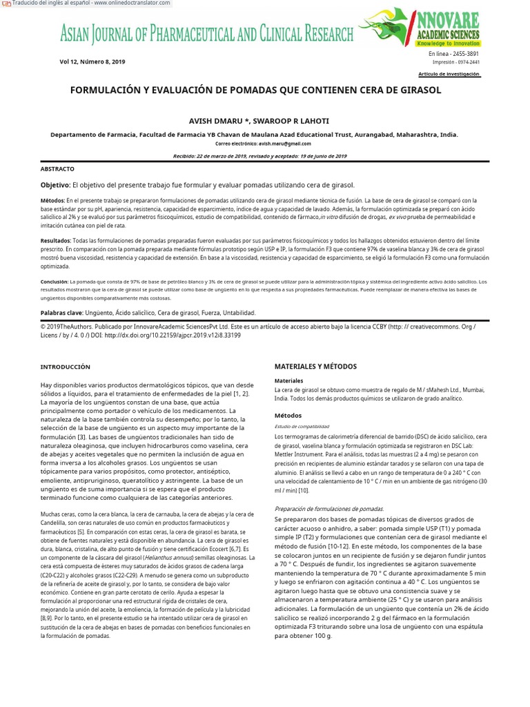 FORMULATION AND EVALUATION OF OINTMENT CONTAINING SUNFLOWER WAX - En.es ...