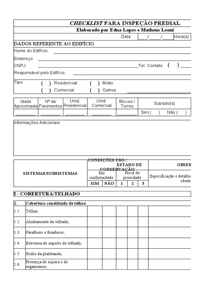 Checklist para Inspeção Predial | PDF | Engenharia Civil | Engenharia Civil