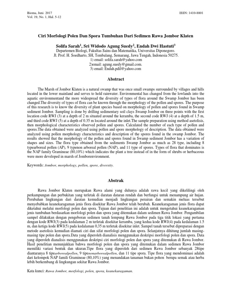Ciri Morfologi Polen Dan Spora Tumbuhan Dari Sedimen Rawa Jombor Klaten Solifa Sarah, Sri Widodo ...
