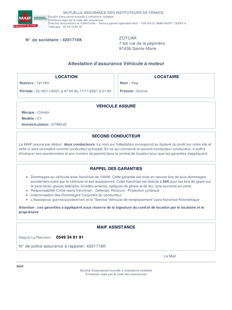 Attestation d'Assurance Véhicule C1 | PDF | Assurance | Industrie ...