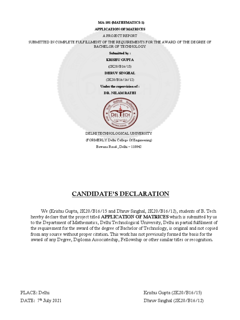 Maths PROJECT REPORT | PDF | Matrix (Mathematics) | Eigenvalues And ...