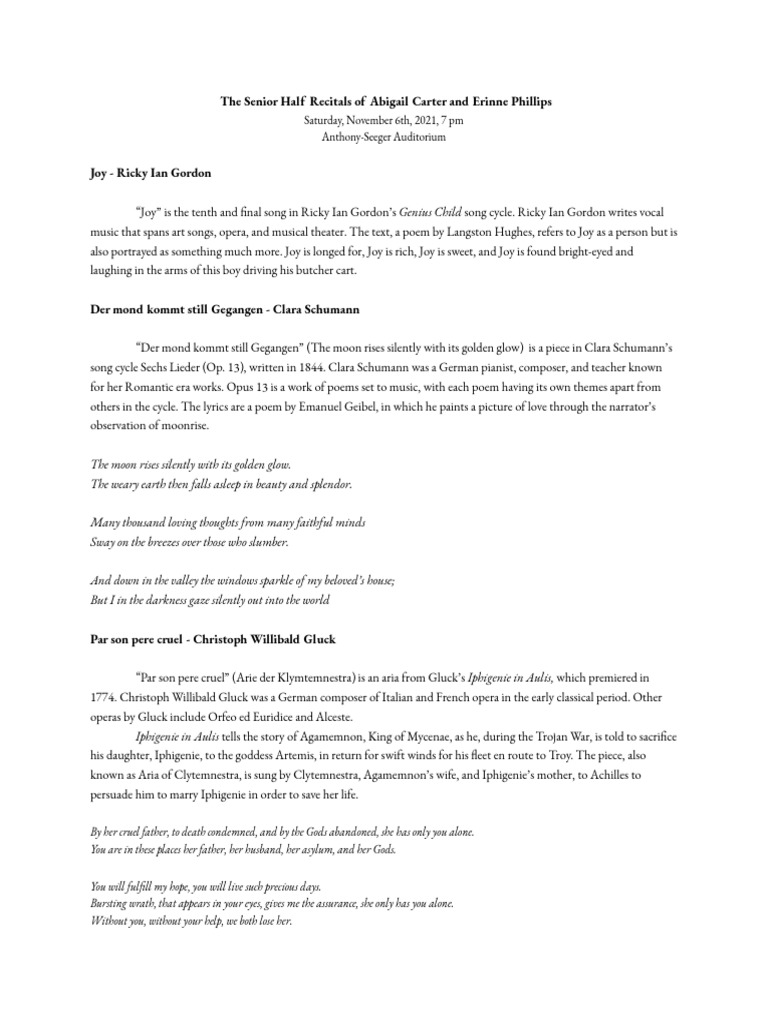 Program Notes For The Best Recital Ever | PDF | Performing Arts | Vocal ...