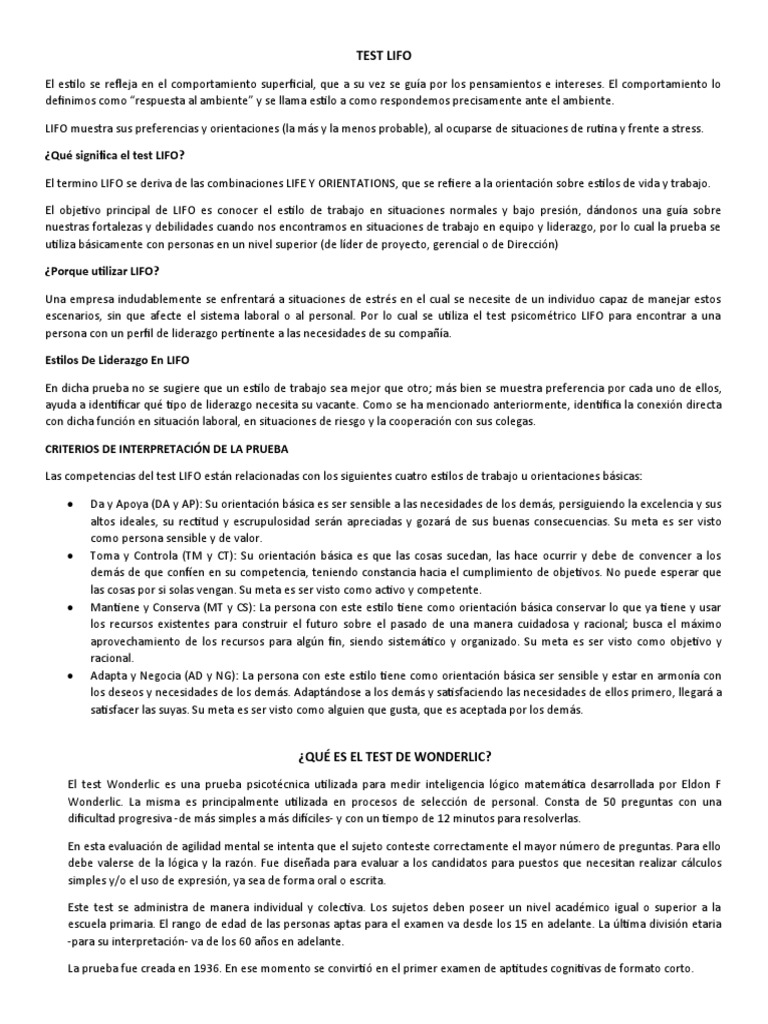 Test LIFO: Estilos de Liderazgo y Trabajo | PDF | Liderazgo | Prueba ...