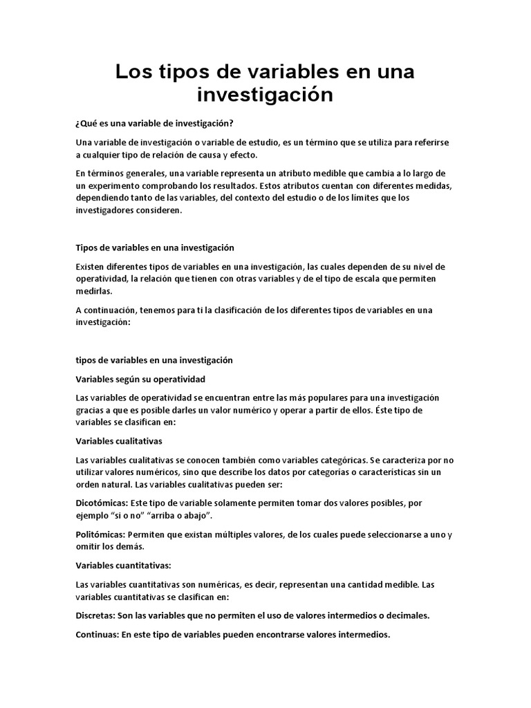 Tipos de Variables en Investigación | PDF | Método científico | Matemáticas