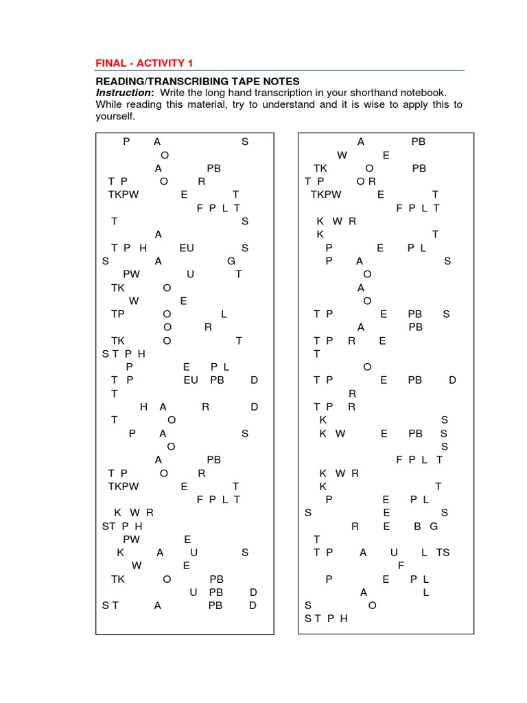 Instruction: Write The Long Hand Transcription in Your Shorthand ...