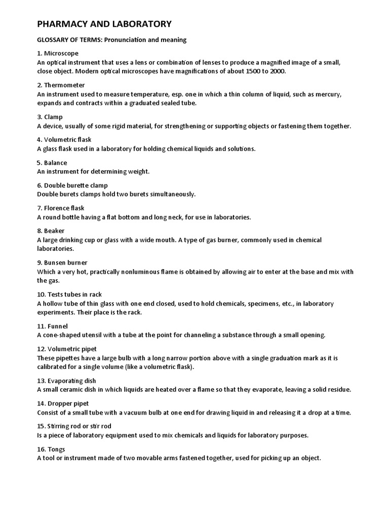 Glossary PHARMACY AND LABORATORY | PDF | Laboratory Equipment