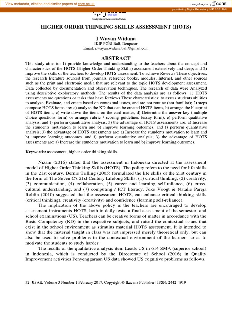 Higher Order Thinking Skills Assessment (Hots) I Wayan Widana | PDF ...