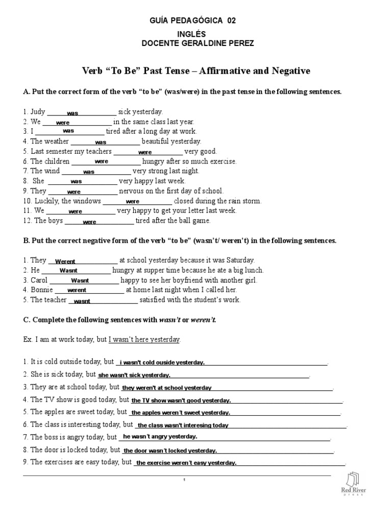 Verb "To Be" Past Tense - Affirmative and Negative: Grammar Practice ...