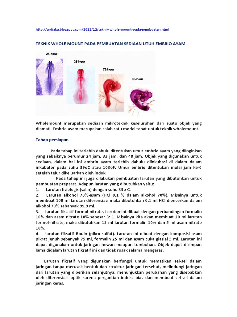 TEKNIK PEMBUATAN SEDIAAN WHOLE MOUNT EMBRIO AYAM | PDF