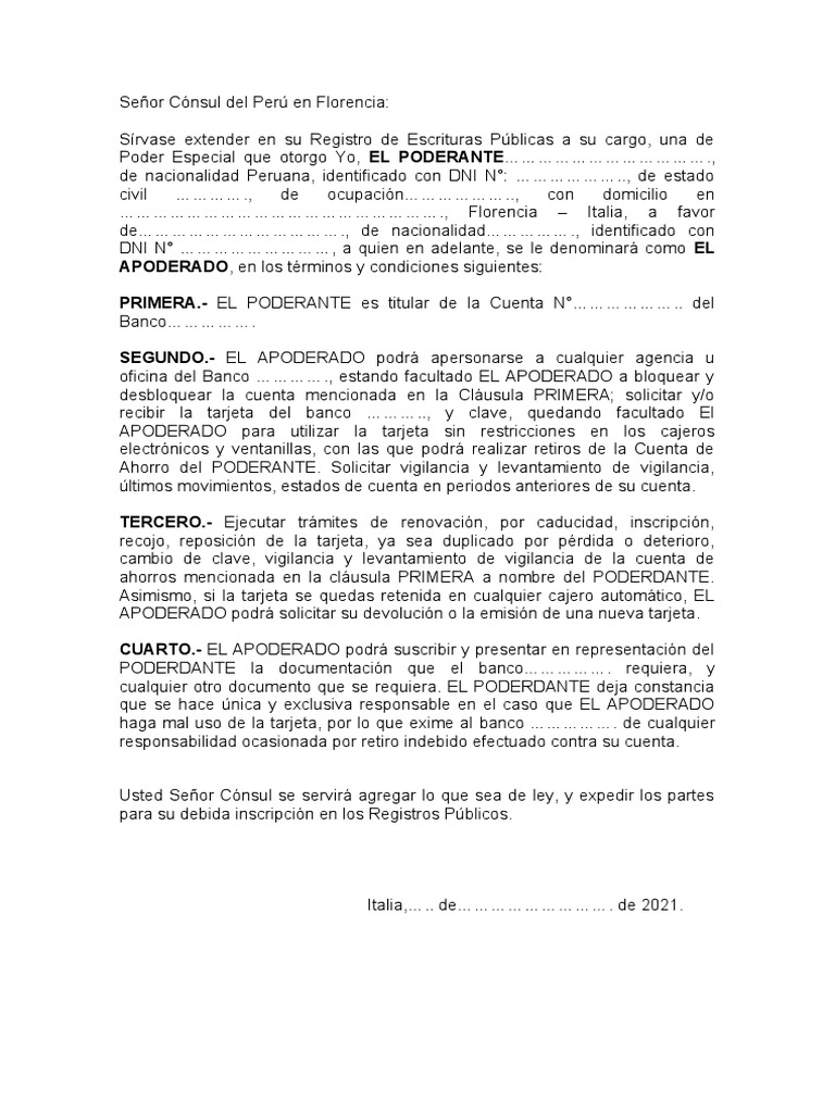 Solicitud de poder notarial para gestionar una cuenta bancaria en Italia | PDF | Bancos ...