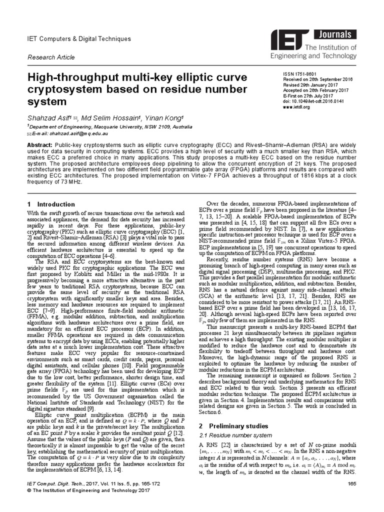 High Throughput Multi Key Elliptic Curve Cryptosystem Based On Residue Number System Pdf