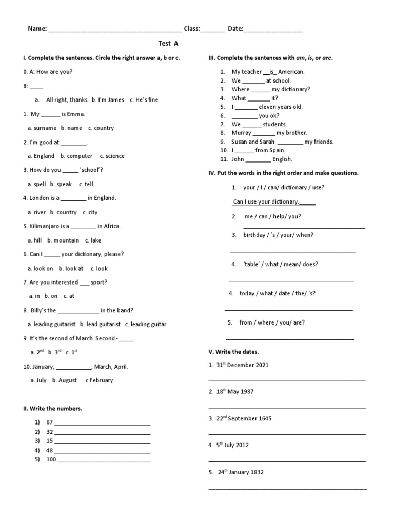 Test A: Name: - Class: - Date | PDF