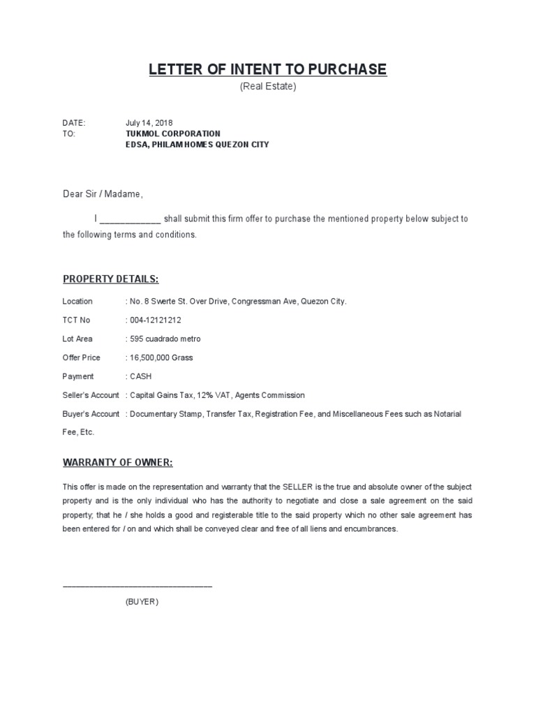 Letter of Intent To Purchase | PDF