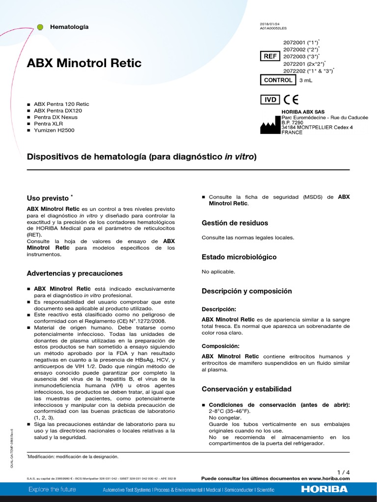 Control Hematológico ABX Minotrol Retic | PDF | Calibración | Laboratorios