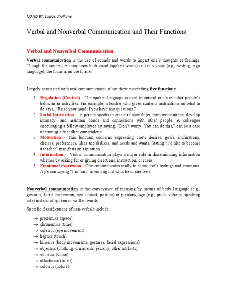 Verbal and Nonverbal Communication and Their Functions - Notes | PDF ...