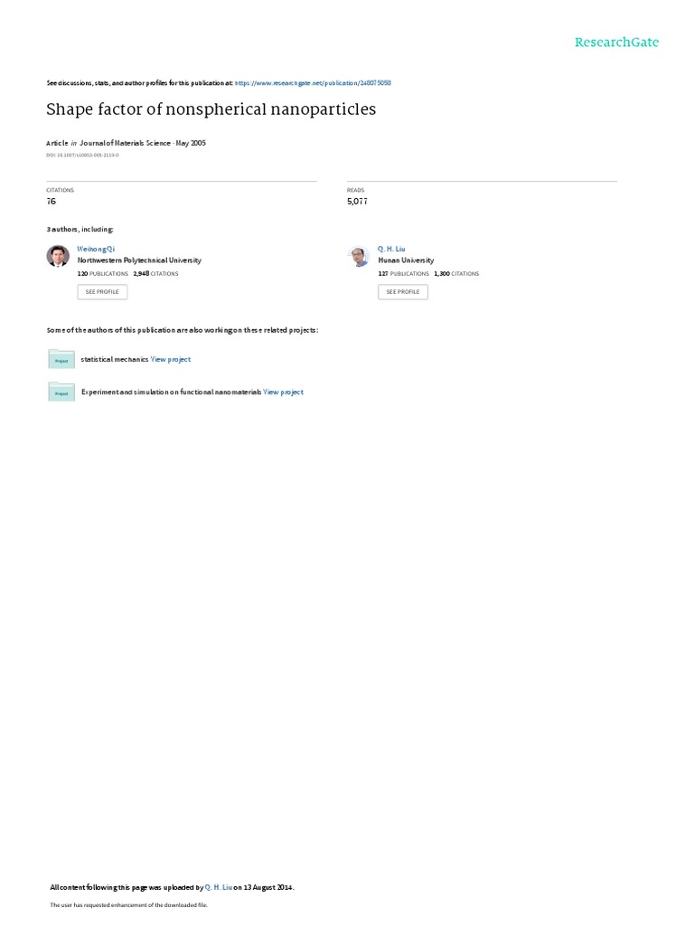 Nonspherical Nanoparticle Shape Factor | PDF | Area | Sphere