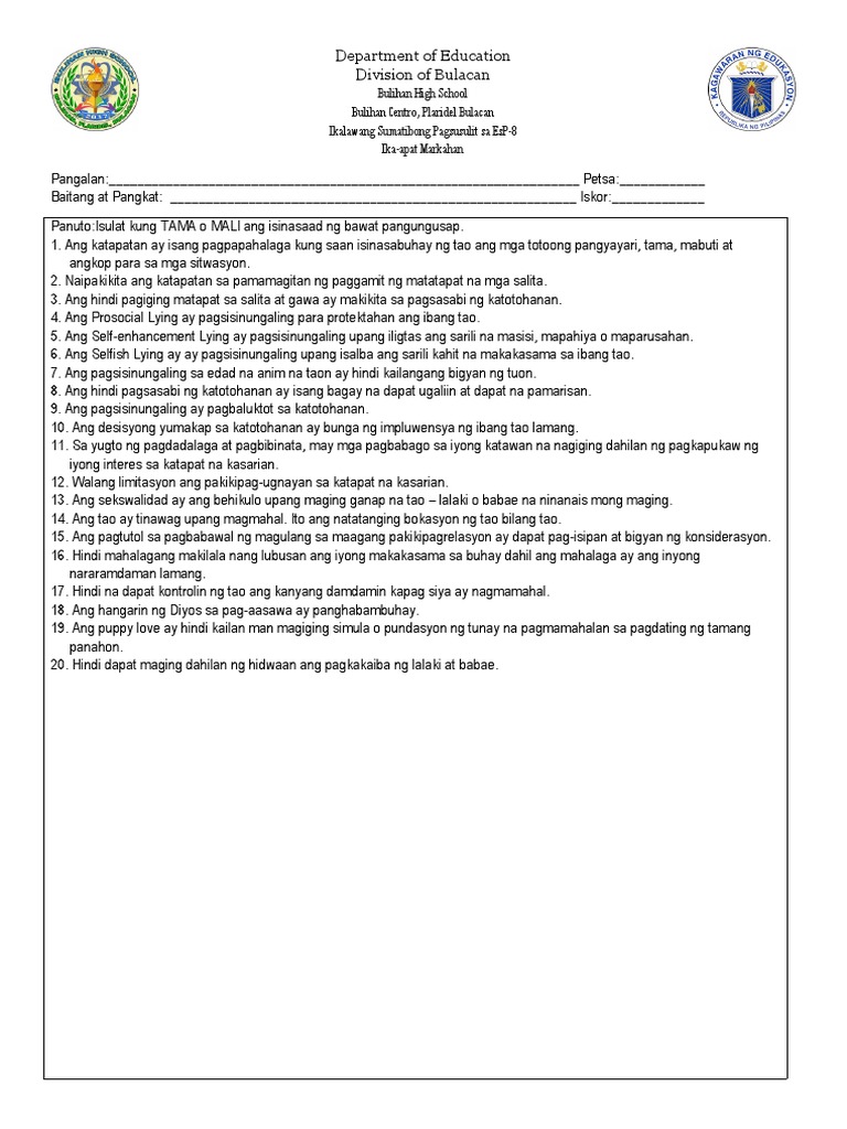2ND Summative Test Grade 8 4TH Quarter | PDF