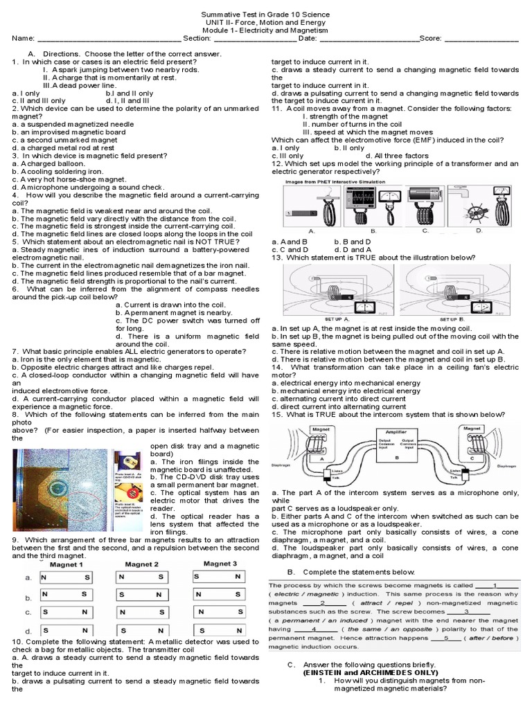 Summative Test in Grade 10 Science PDF Free | PDF | Magnetic Field ...