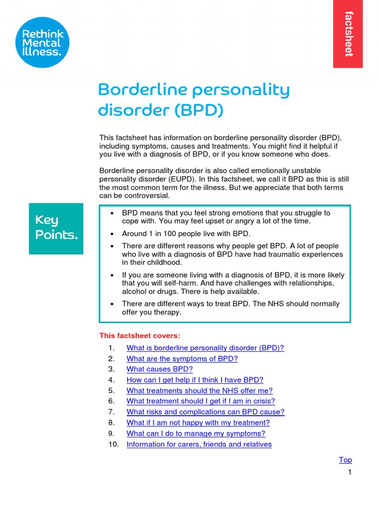 Borderline Personality BPD Factsheet | PDF | Borderline Personality ...
