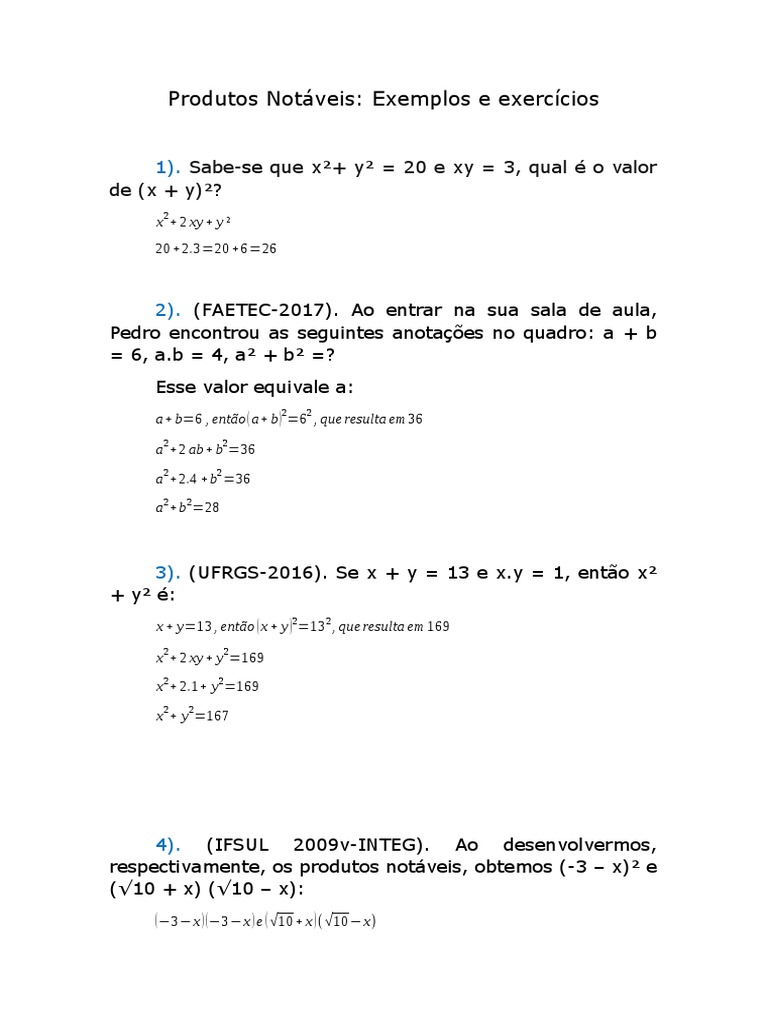 Produtos Notáveis Exemplos e Exercícios | PDF | Matemática | Objetos ...