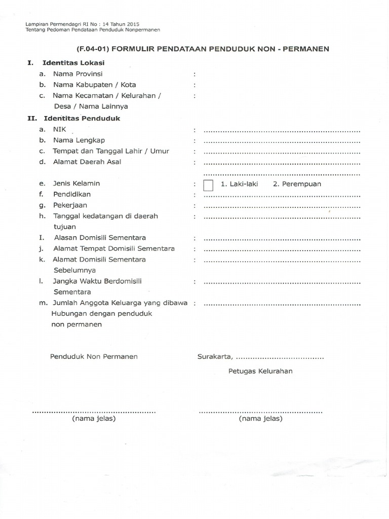3233-f 4 01 (Formulir Pendataan Penduduk Non Permanen) | PDF