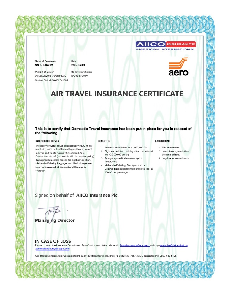 This Is To Certify That Domestic Travel Insurance Has Been Put in Place ...