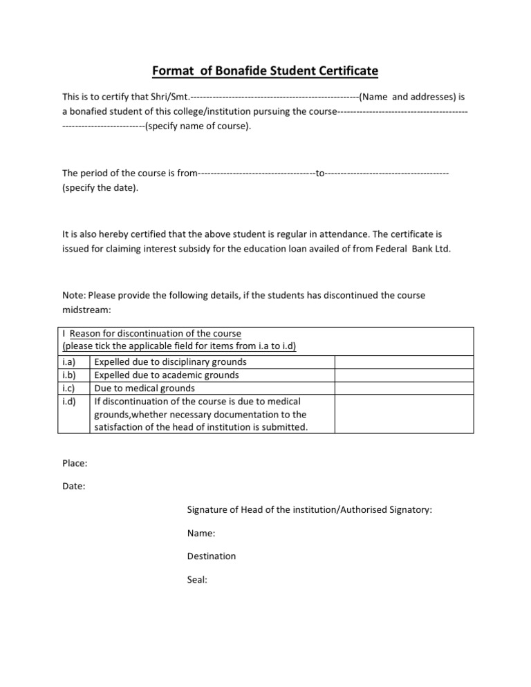 Format Of Bonafide Student Certificate
