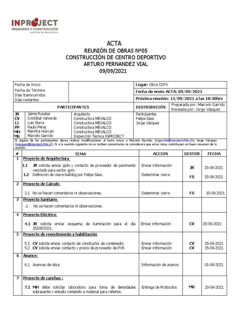 Acta Reunión de Obra Nº05 CDFV Rev 01 | PDF