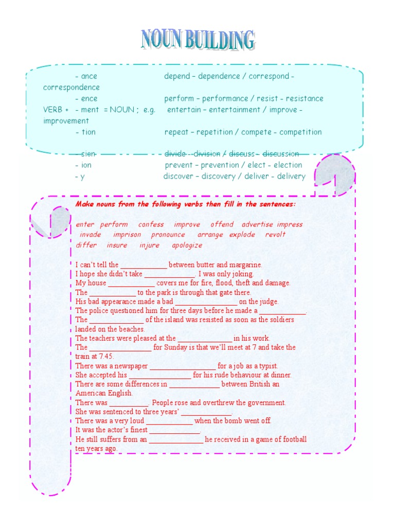Make Nouns From The Following Verbs Then Fill in The Sentences | PDF