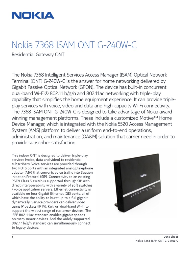 1 Data Sheet Nokia 7368 ISAM ONT G-240W-C | PDF | Computer Network | Wi Fi