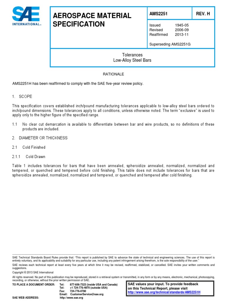AMS-2251H Tolerances Low-Alloy Steel Bars | PDF | Engineering Tolerance ...