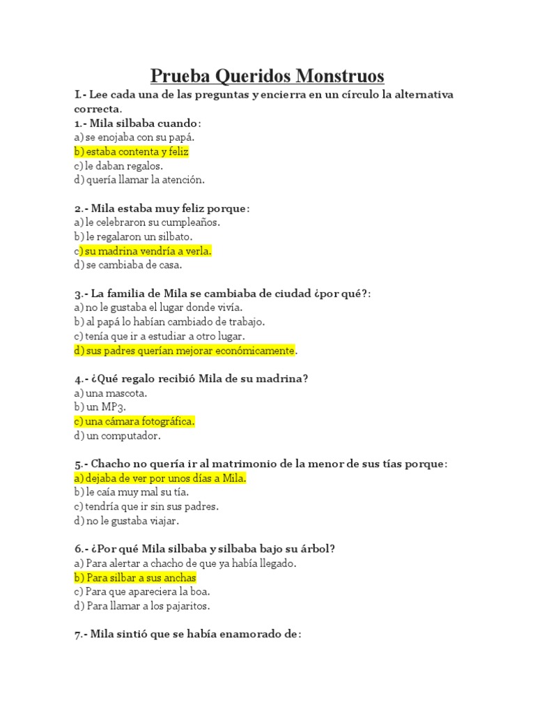 Prueba Queridos Monstruos CORRECCION | PDF