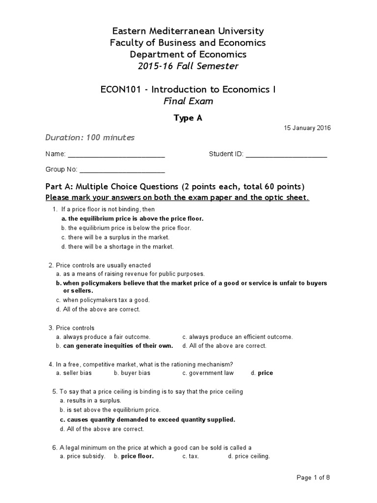 ECON101 2015-16 Fall Final Answer Key | PDF | Profit (Economics) | Monopoly