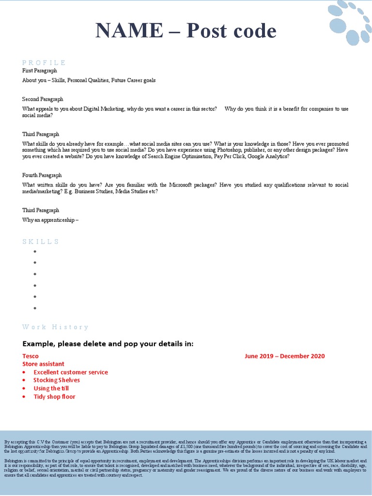 NAME - Post Code: Profile | Download Free PDF | Apprenticeship | Gce ...