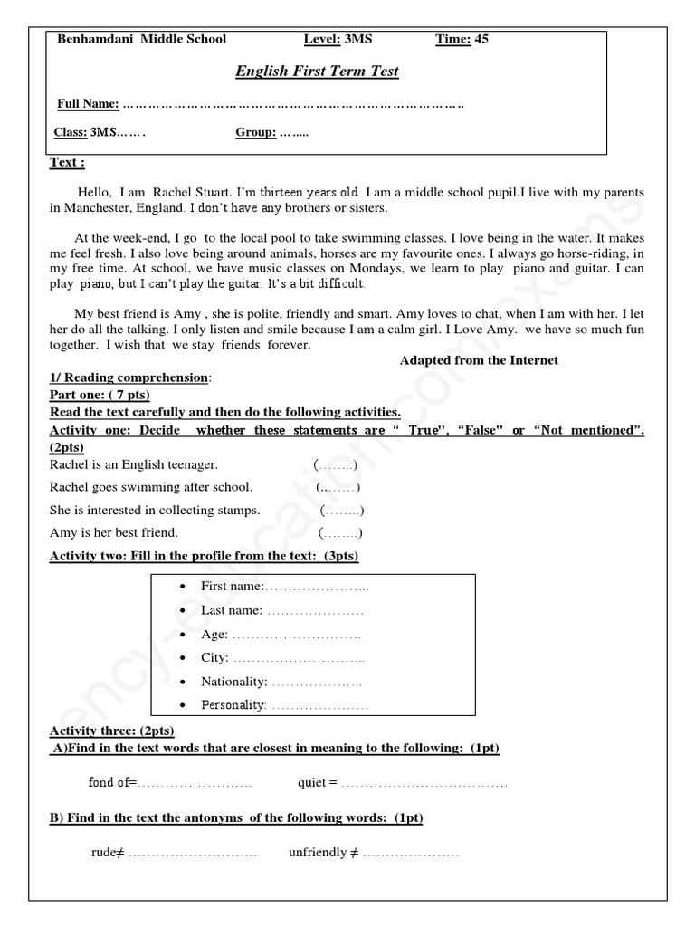 English First Term Test: Full Name: .. Class: 3MS . Group: .... | PDF ...