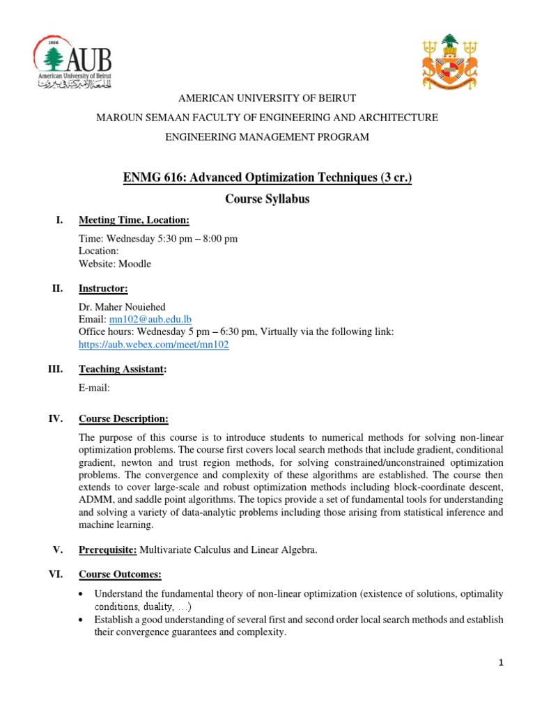 ENMG 616: Advanced Optimization Techniques (3 CR.) Course Syllabus ...