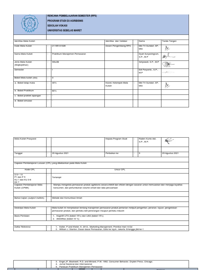 RPS - Praktikum Manajemen Pemasaran - D3 AGB - 2021 | PDF