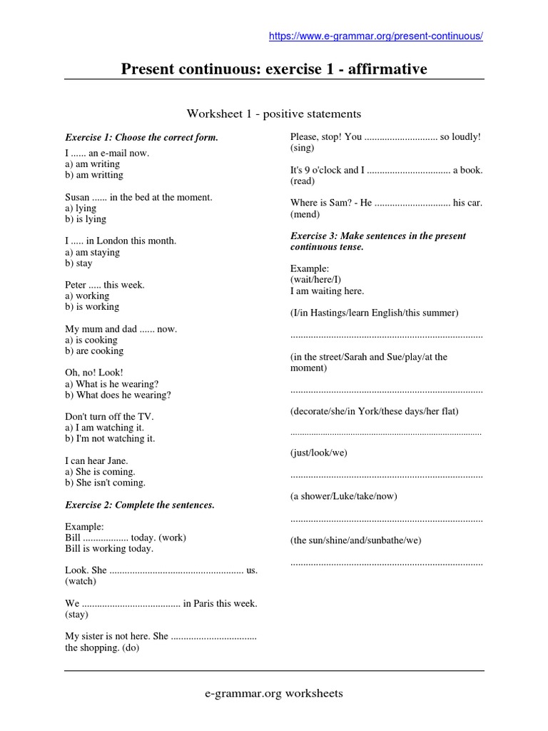 Present Continuous: Exercise 1 - Affirmative: Worksheet 1 - Positive ...