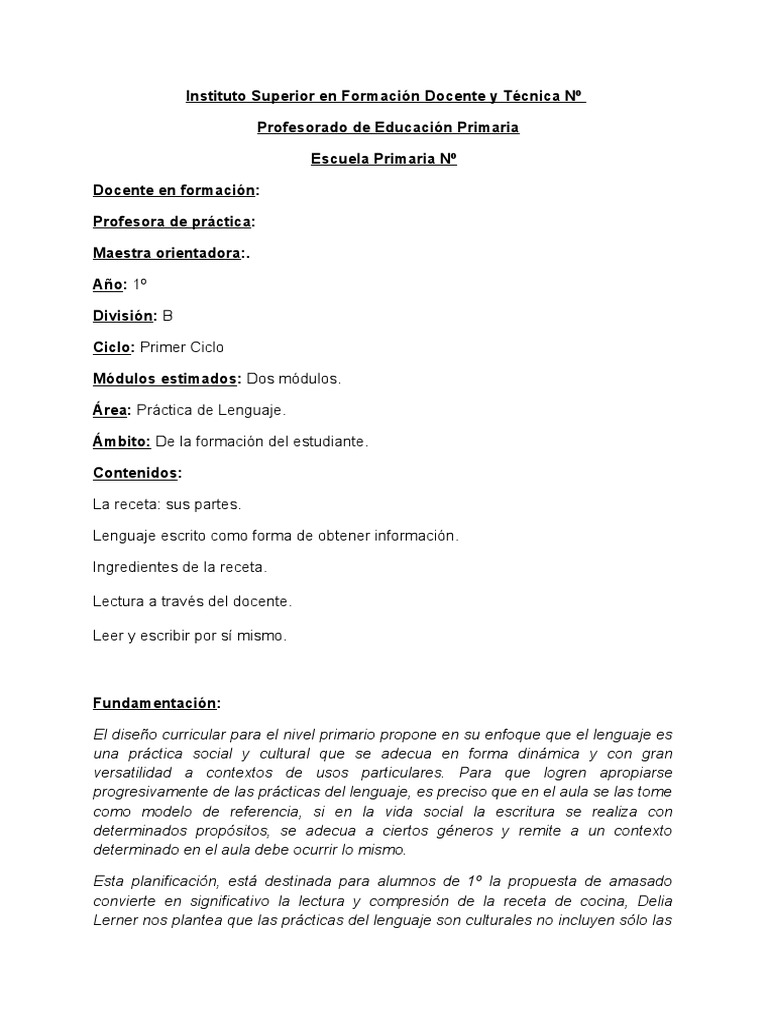 Secuencia Didáctica. Receta de Cocina. María | PDF | Educación primaria ...