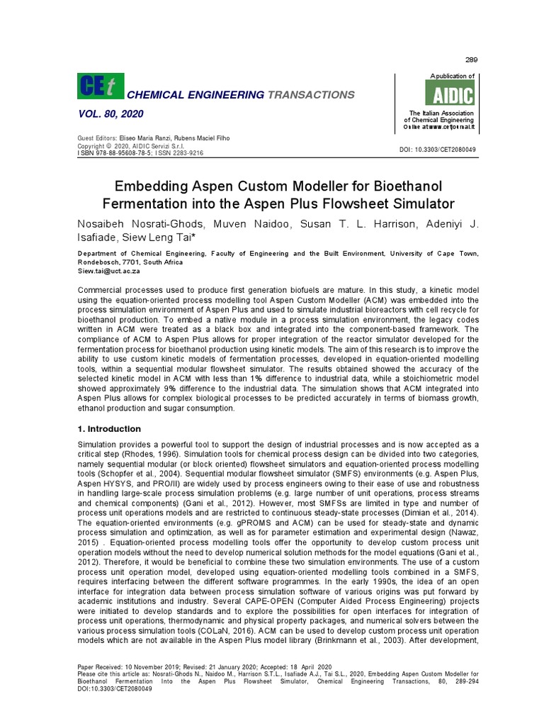 Embedding Aspen Custom Modeller For Bioethanol Fermentation Into The Aspen Plus Flowsheet ...