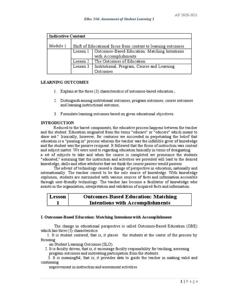 Indicative Content: Lesson 1 Outcomes-Based Education: Matching ...