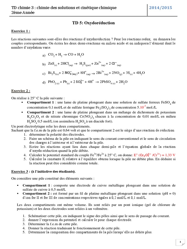 TD5 Chimie3 Corrigé (2014 2015) | PDF | Réaction d'oxydoréduction | Physique appliquée et ...