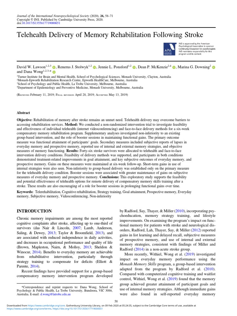 Telehealth Delivery of Memory Rehabilitation Following Strok | PDF ...