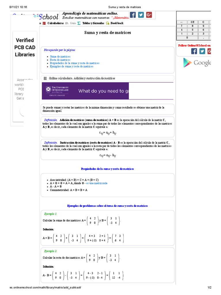Suma y Resta de Matrices | PDF | Matriz (Matemáticas) | Sustracción
