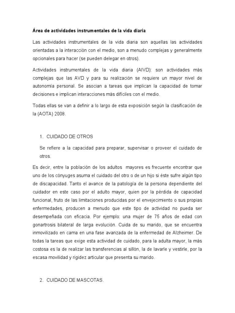 Área de Actividades Instrumentales de La Vida Diaria | PDF | Adultos ...