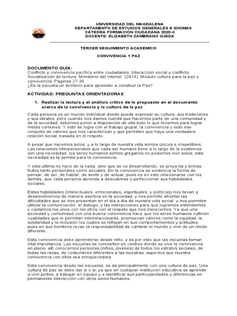 Convivencia Pacífica Y Cultura De Paz La Escuela Como Territorio Para
