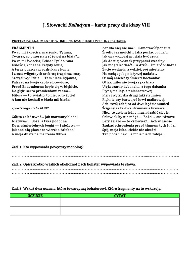 Balladyna Karta Pracy KL 8 | PDF