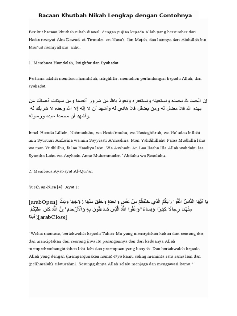 Bacaan Khutbah Nikah Lengkap Dengan Contohnya | PDF